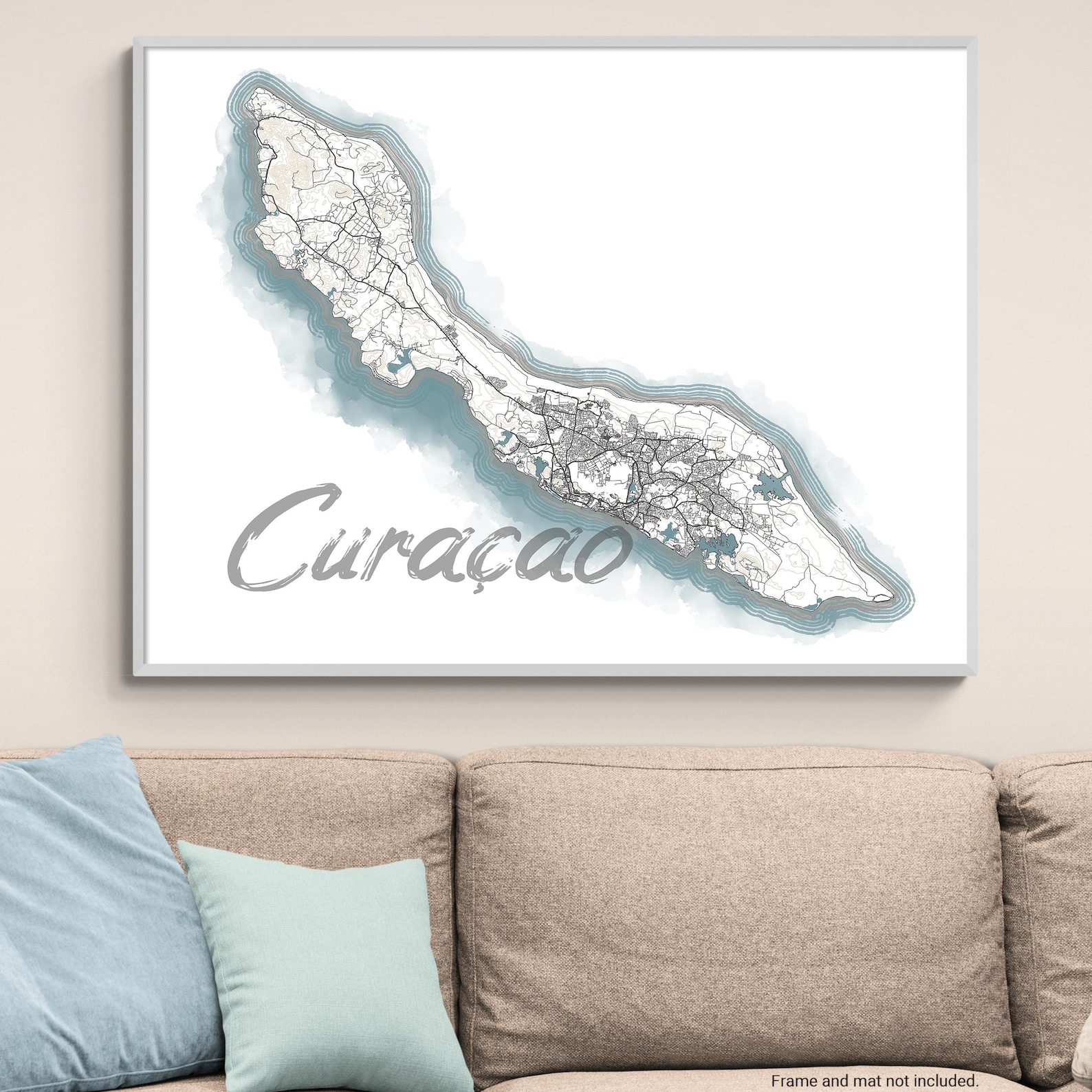 Curacao Island Map Wall Art Print Poster With Blue Watercolor Style ...