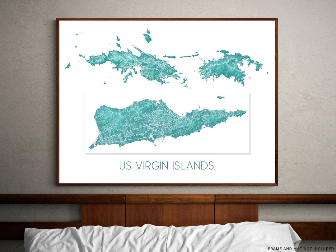 US Virgin Islands Map Prints, USVI Map Wall Art Print, St John USVI Art ...