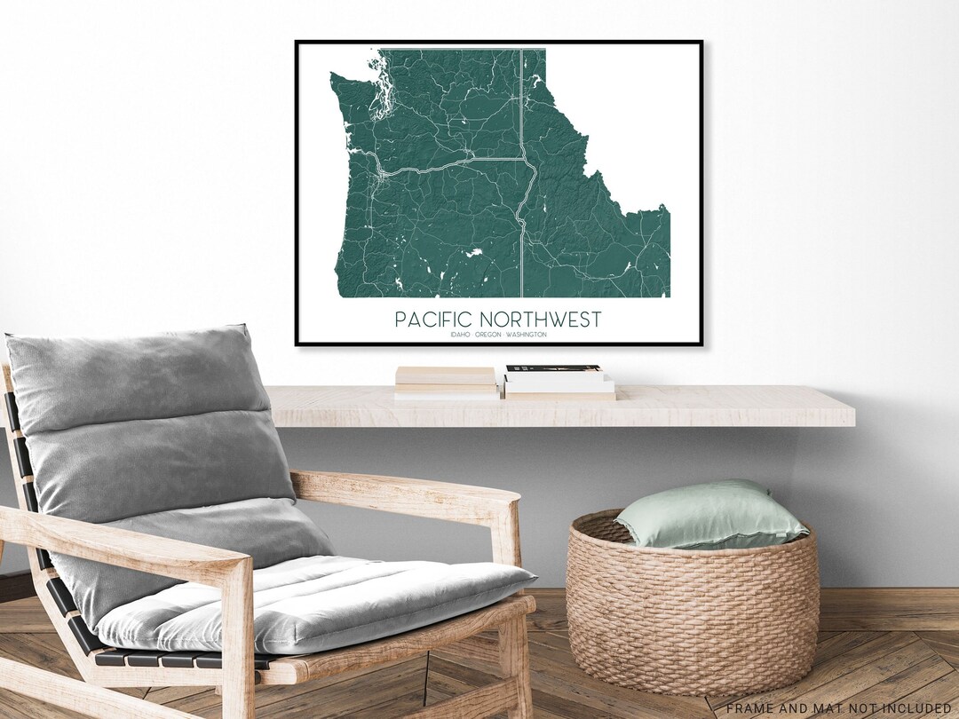 Pacific Northwest Map Wall Art Print Poster, Washington, Idaho, Oregon ...