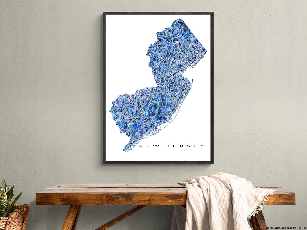 New Jersey Map Print and New Jersey Wall Art Prints and Blue Geometric ...