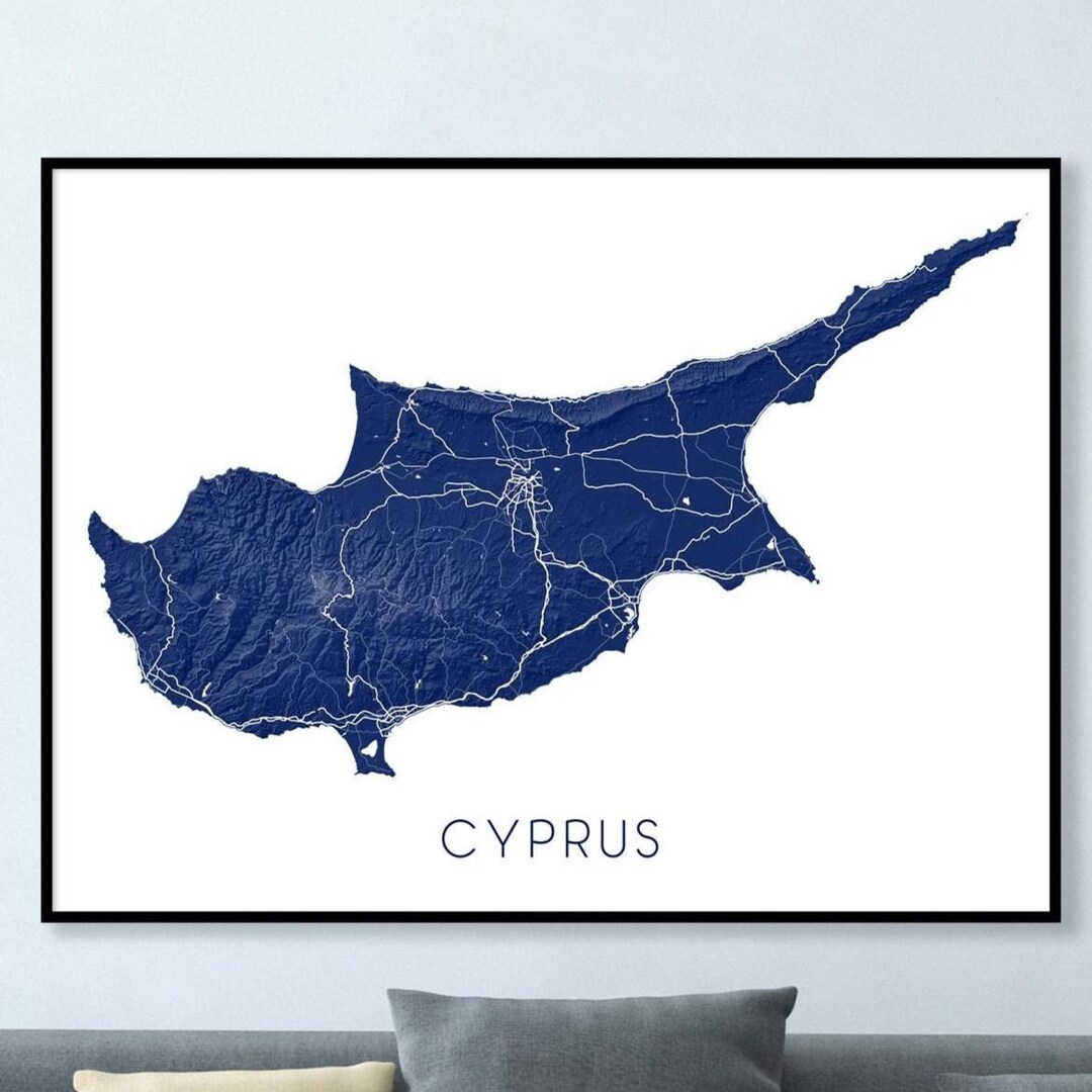 Cyprus Map of Cyprus Country Map, Blue Cypress Wall Art Print With ...