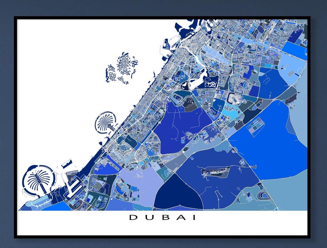 Dubai Map Wall Art Print Poster, United Arab Emirates, Blue Geometric ...