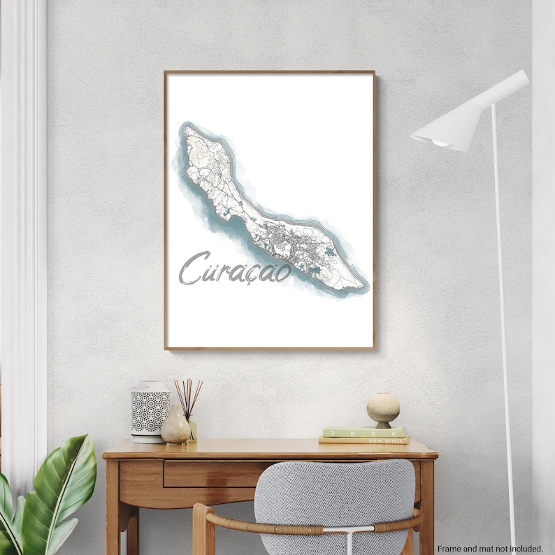 Curacao Island Map Wall Art Print Poster With Blue Watercolor Style ...