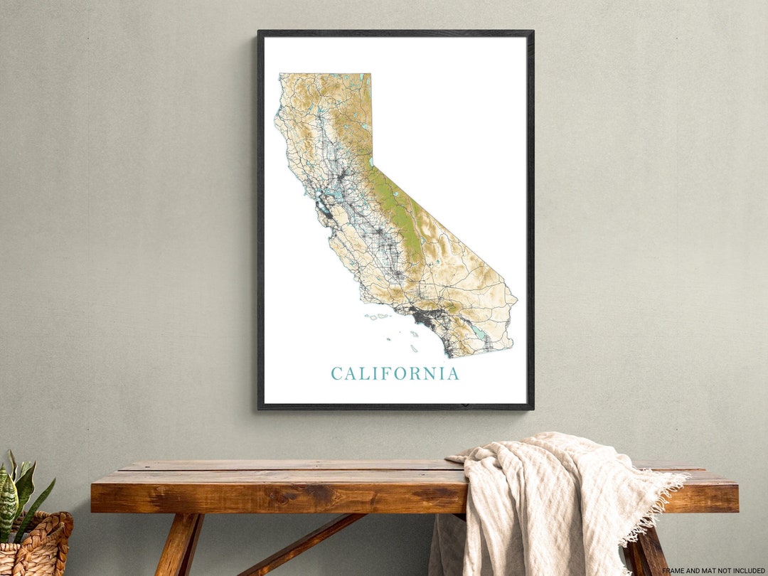 Map of California State Art Posters and Prints, CA Topographic ...