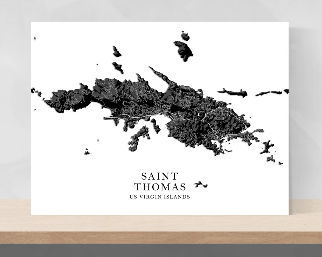 St Thomas USVI Map Print Poster, Saint Thomas US Virgin Islands Black ...