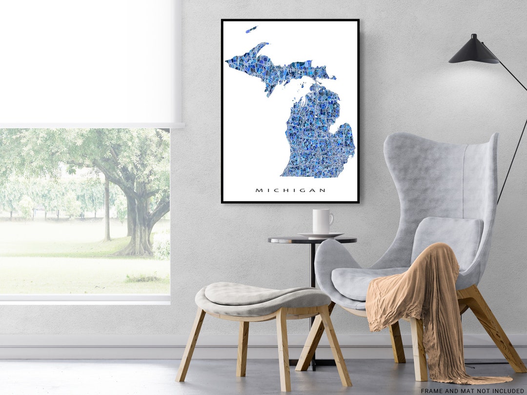 Michigan Map Prints, Michigan State Maps, Map of Michigan Print, Blue ...