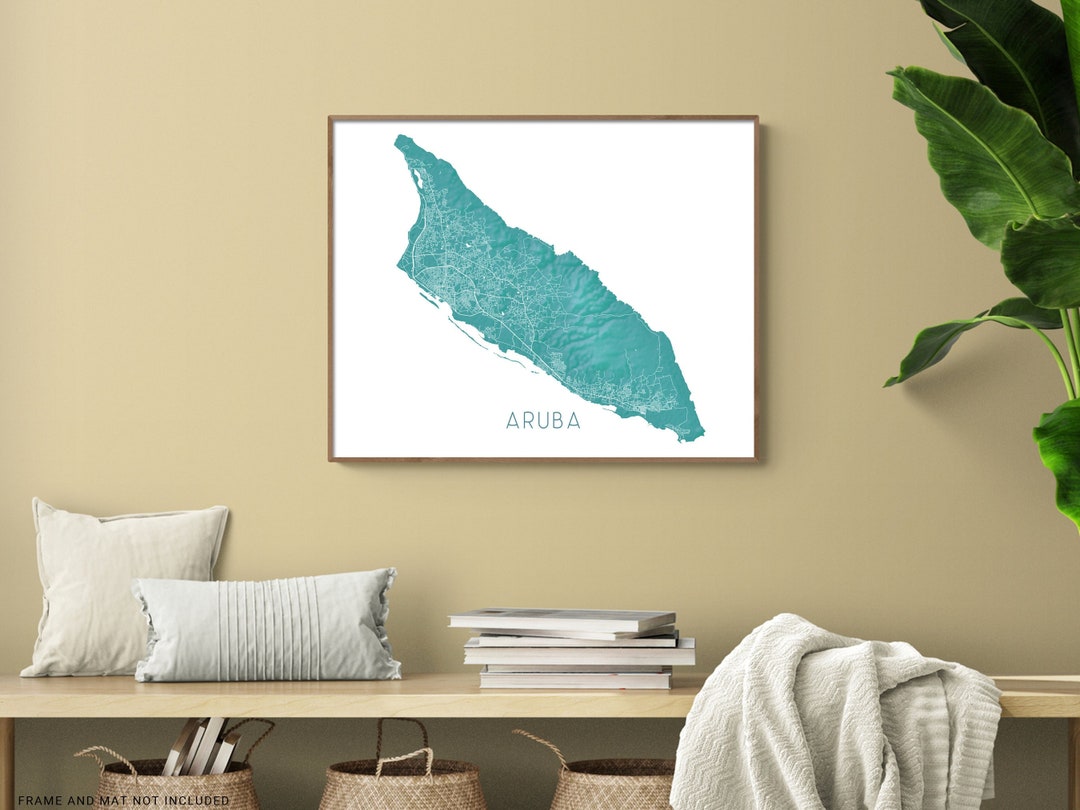 Aruba Map Print With Turquoise Topographic 3D Landscape, Aruba Poster ...