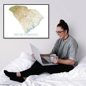 South Carolina Map Art Print Poster, Topographic Landscape Map of South ...