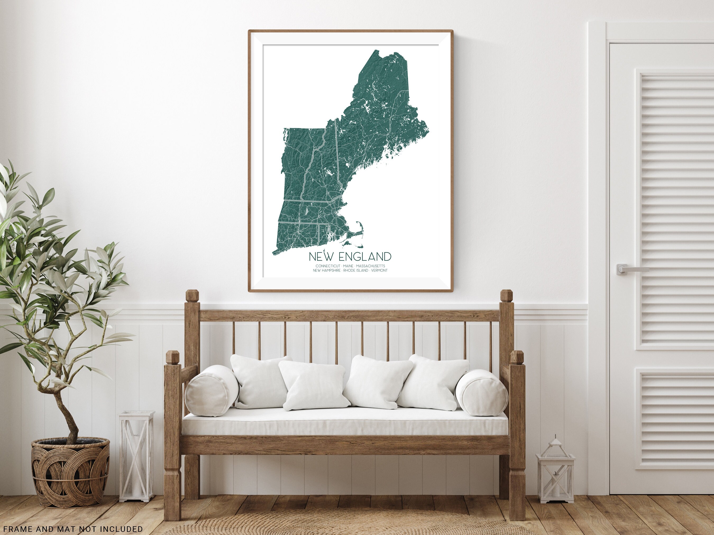New England State Map Wall Art Print, Connecticut Maine Massachusetts ...