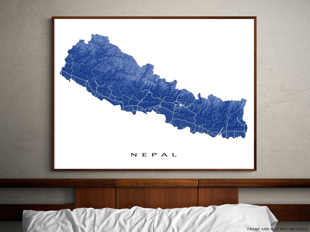 Nepal Map Print Poster, 3D Landscape Terrain Topographic Road Maps ...