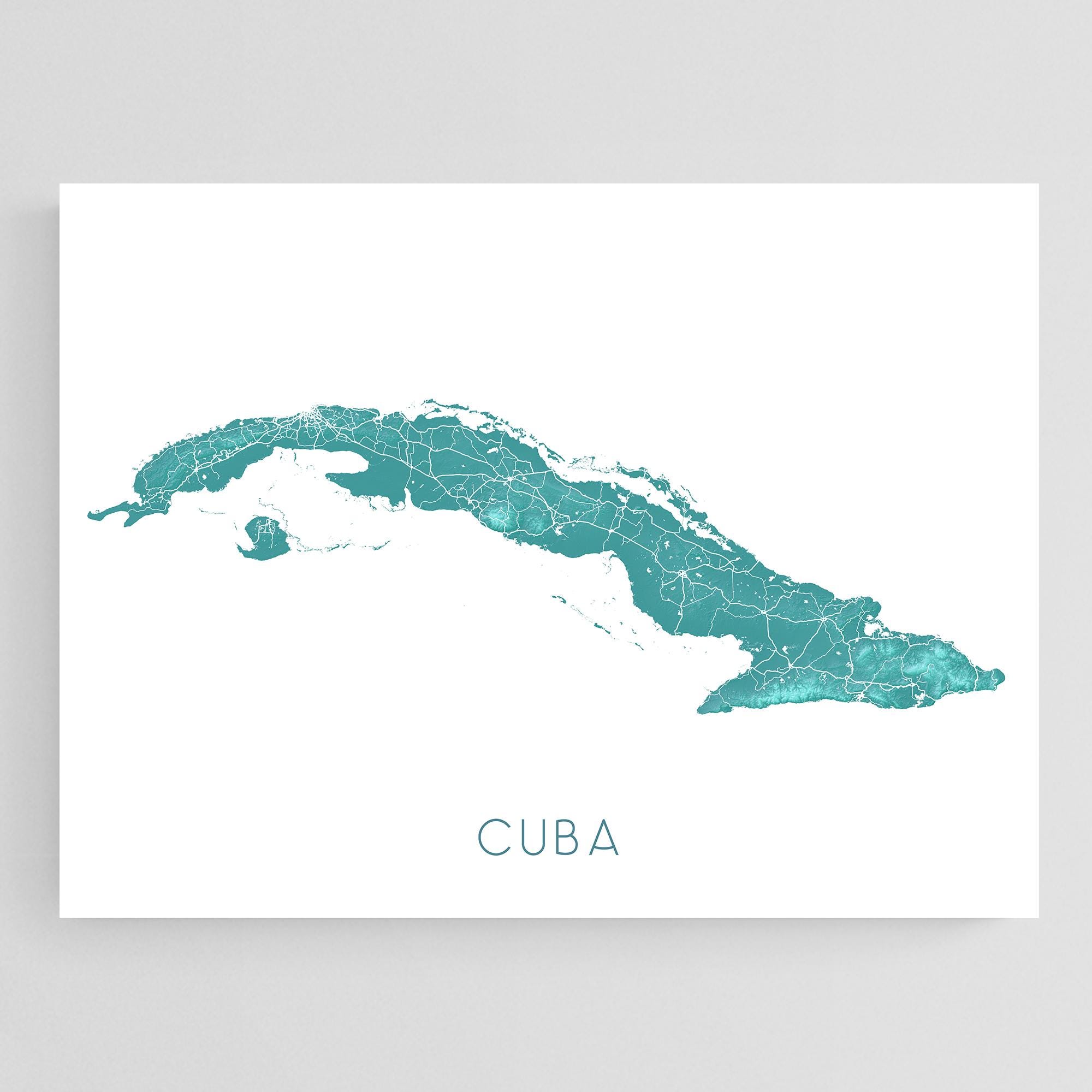 Cuba Map Poster - 3D Turquoise Landscape Print, Topographic Caribbean ...