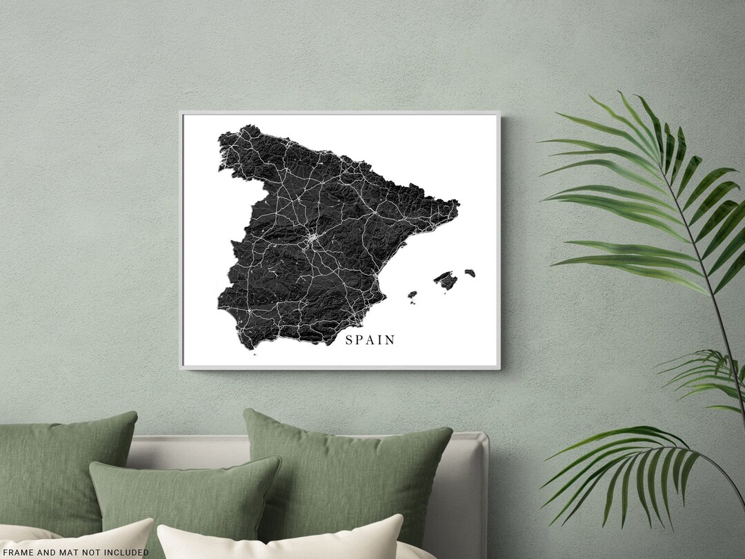 Spain Map of Spain Landscape Wall Art Print Poster, Black and White Personalised 3D Topographic ...