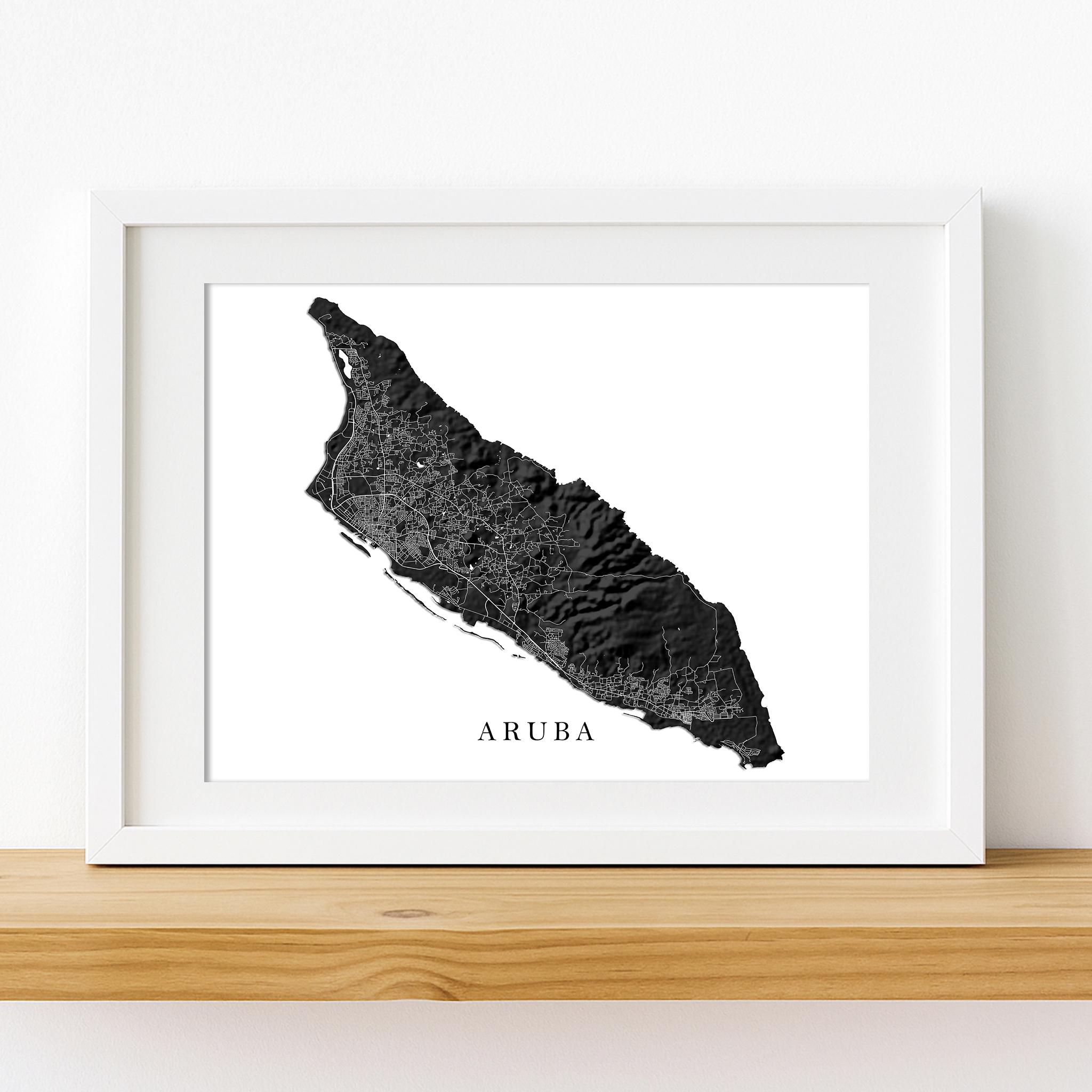 Aruba Map Print Poster, Black and White Topographic Landscape Aruba ...