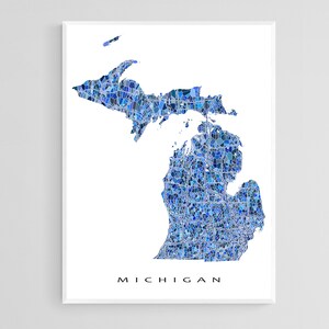 Michigan Map Prints, Michigan State Maps, Map of Michigan Print, Blue ...