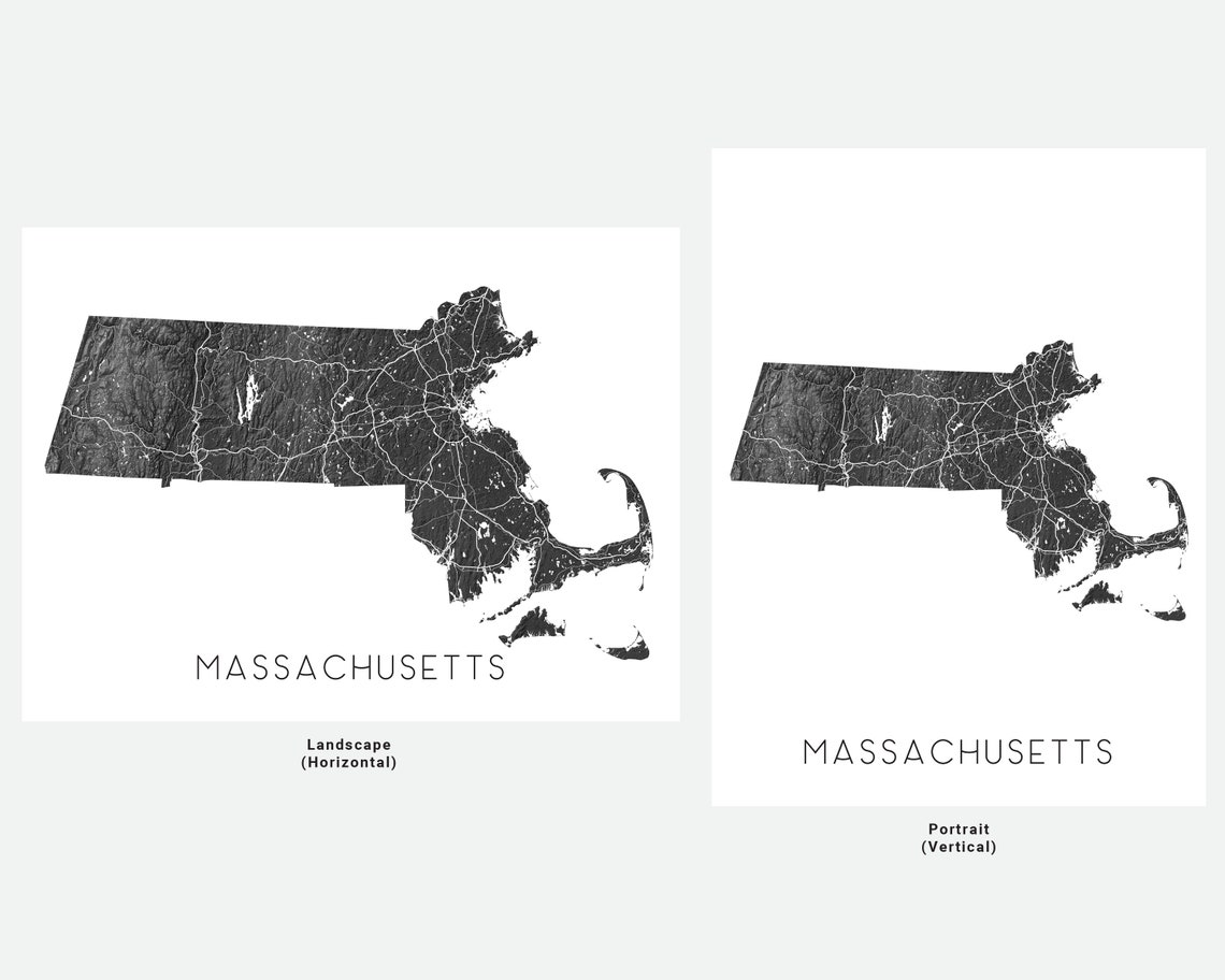 Massachusetts Map of Massachusetts Wall Art Print Black and - Etsy