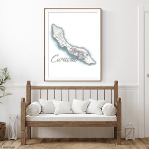 Curacao Island Map Wall Art Print Poster With Blue Watercolor Style ...