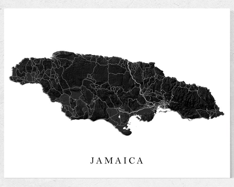 Jamaica Map Print Poster, Topographic Black and White Map of Jamaica ...