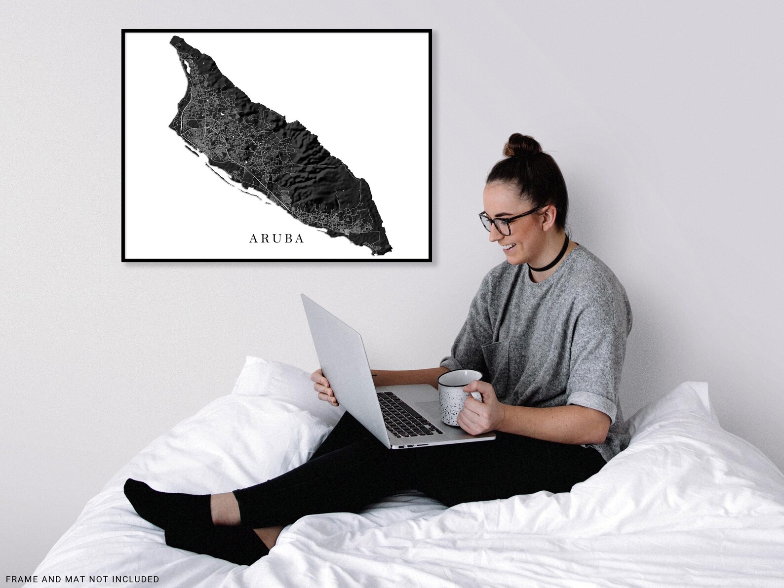 Aruba Map Print Poster, Black and White Topographic Landscape Aruba ...