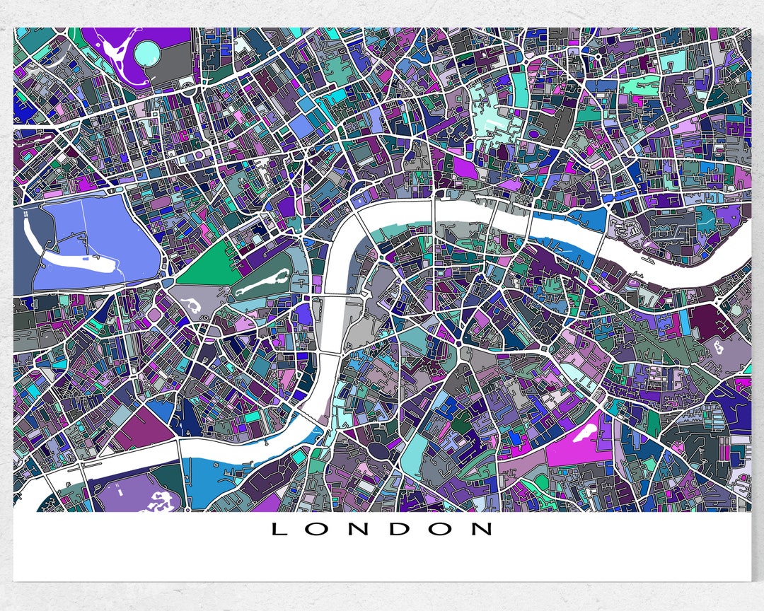 London Map of London Print, Purple Blue Turquoise Geometric Wall Art ...