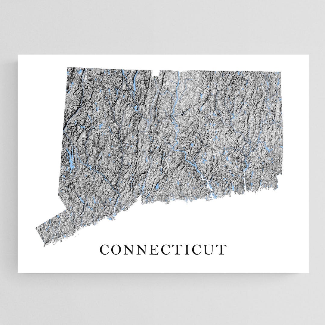 Connecticut State Map: Topographic Black & White Wall Art Print or ...