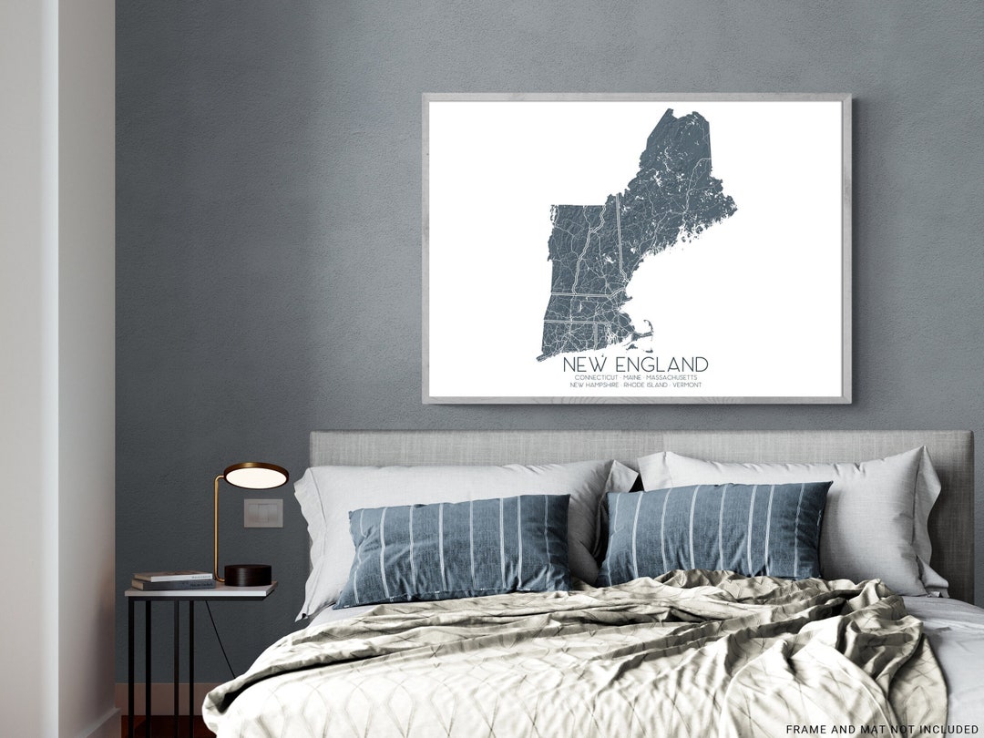 New England State Map Wall Art Print, Connecticut Maine Massachusetts ...