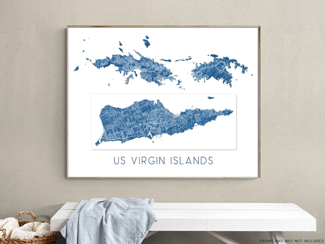US Virgin Islands Map of USVI Wall Art Print, 3D Topographic Terrain ...