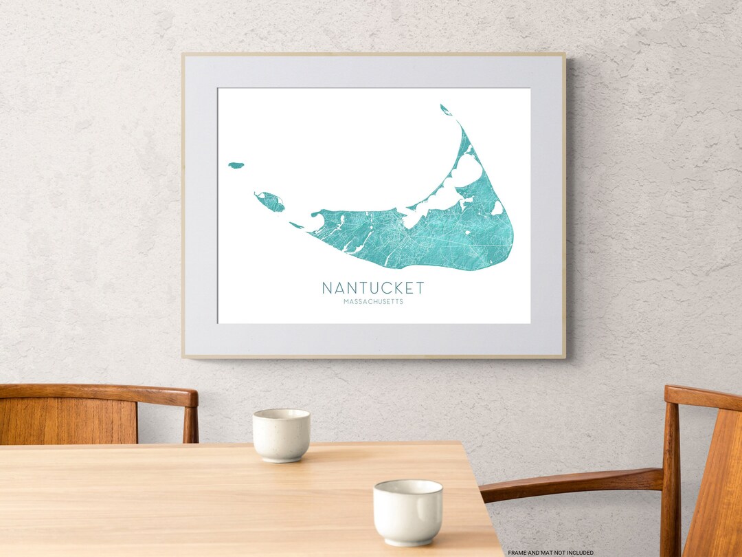 Nantucket Map Print With Turquoise Topographic Design, New England ...