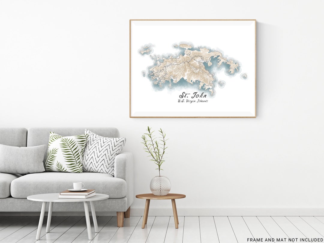 St John USVI Watercolor Design Style Contour Map Wall Art Print Poster ...