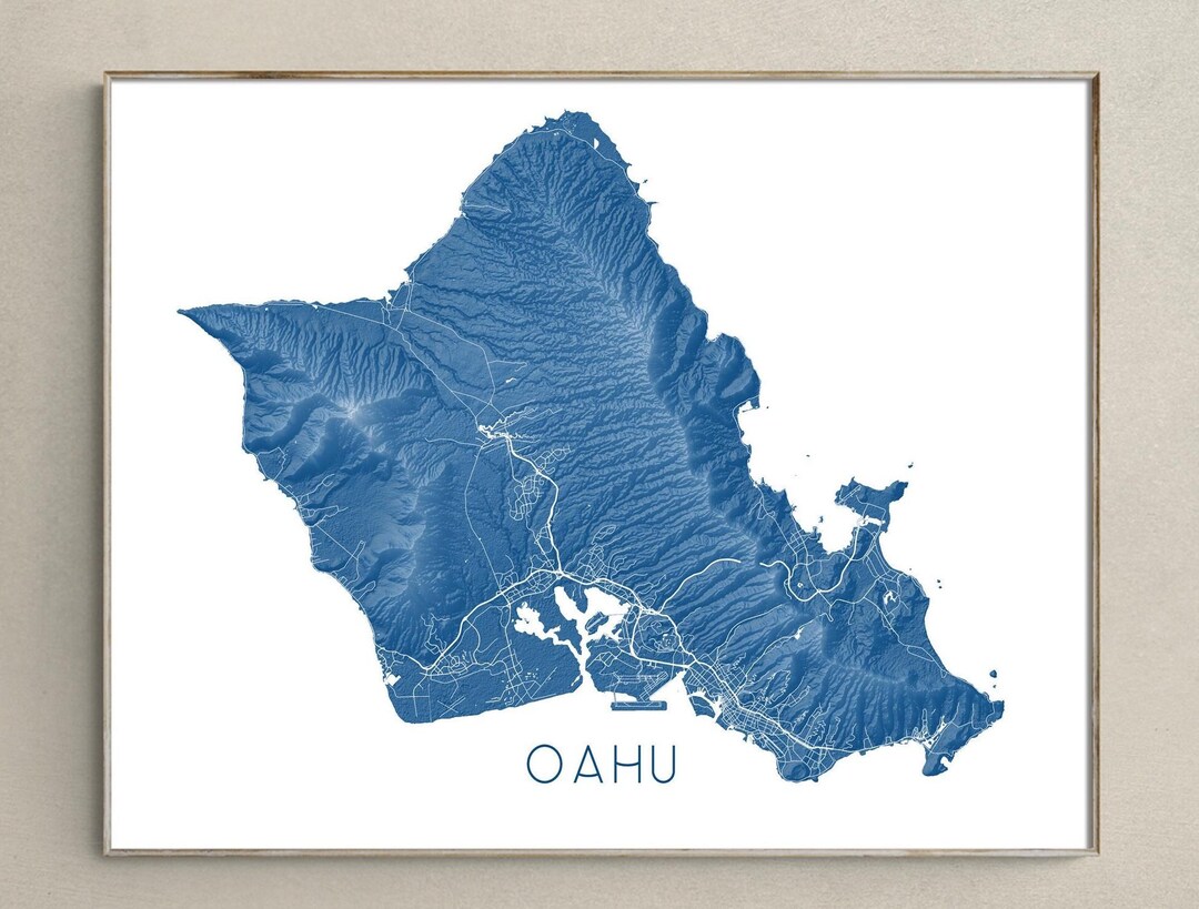 Oahu Map Print Poster, Topographic Island Map of Oahu Hawaii Wall Art ...