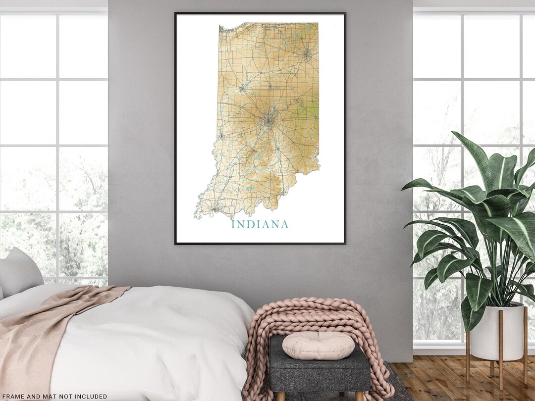 Indiana State Art Print Poster, Map of Indiana Landscape Topographic ...