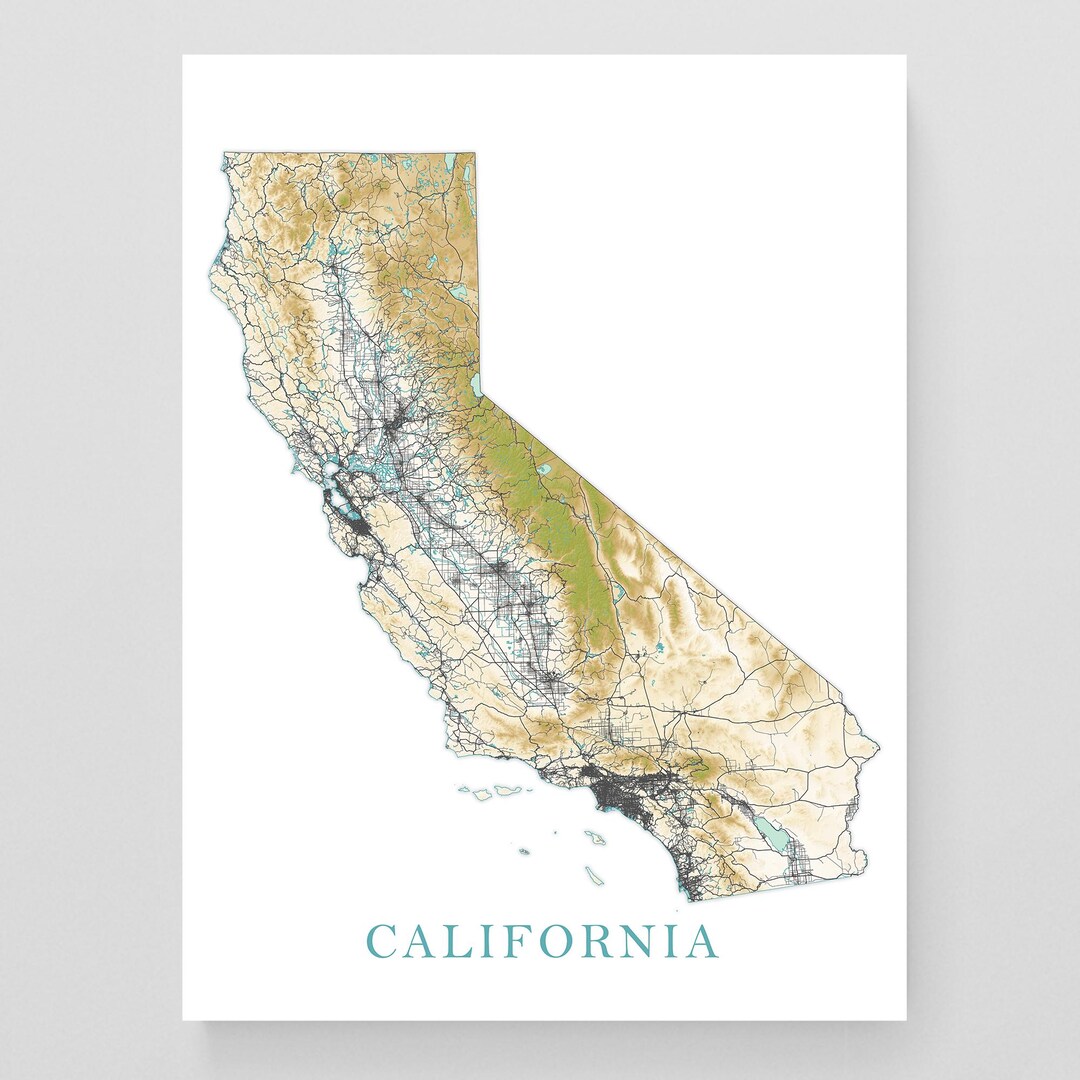 California Landscape Map: Topographic Wall Art Print or Poster, San ...