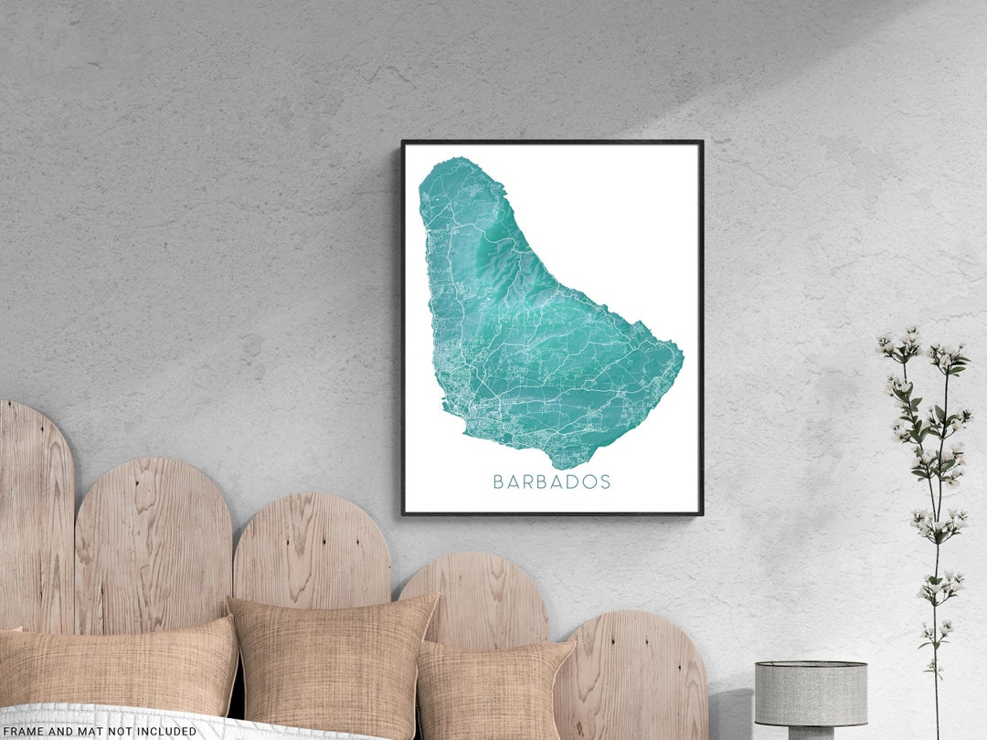 Barbados Print, Topographic Map of Barbados Art Prints Turquoise ...