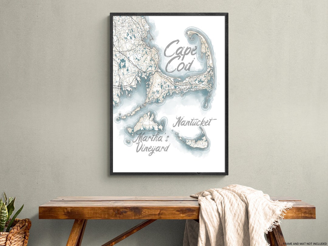 Cape Cod Watercolor Style Contour Map Pale Blue and Beige Wall Art ...