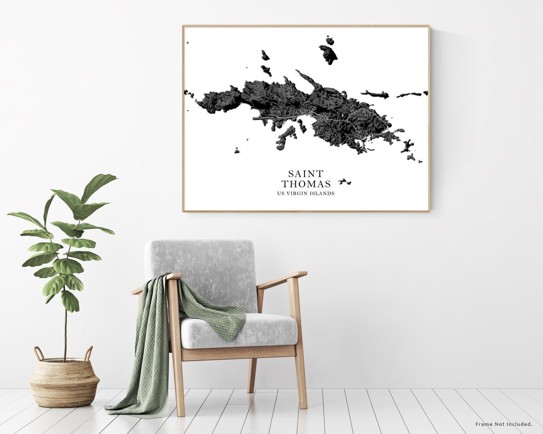 St Thomas USVI Map Print Poster, Saint Thomas US Virgin Islands Black ...