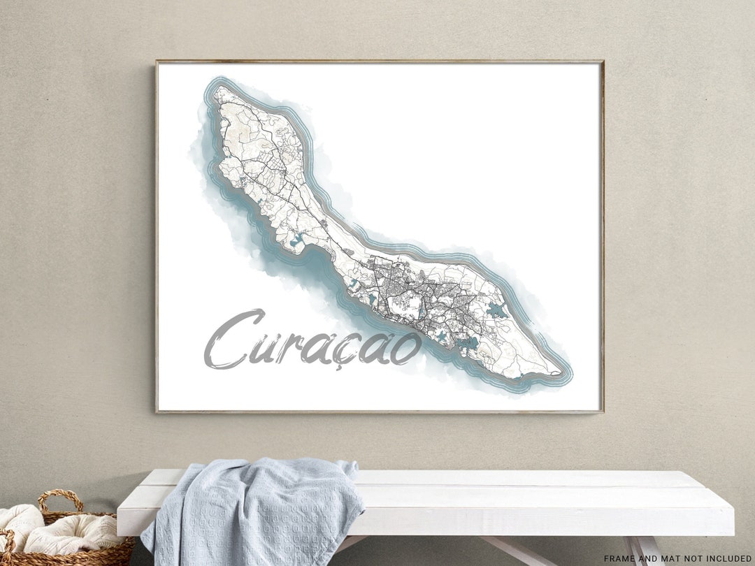 Curacao Island Map Wall Art Print Poster With Blue Watercolor Style ...