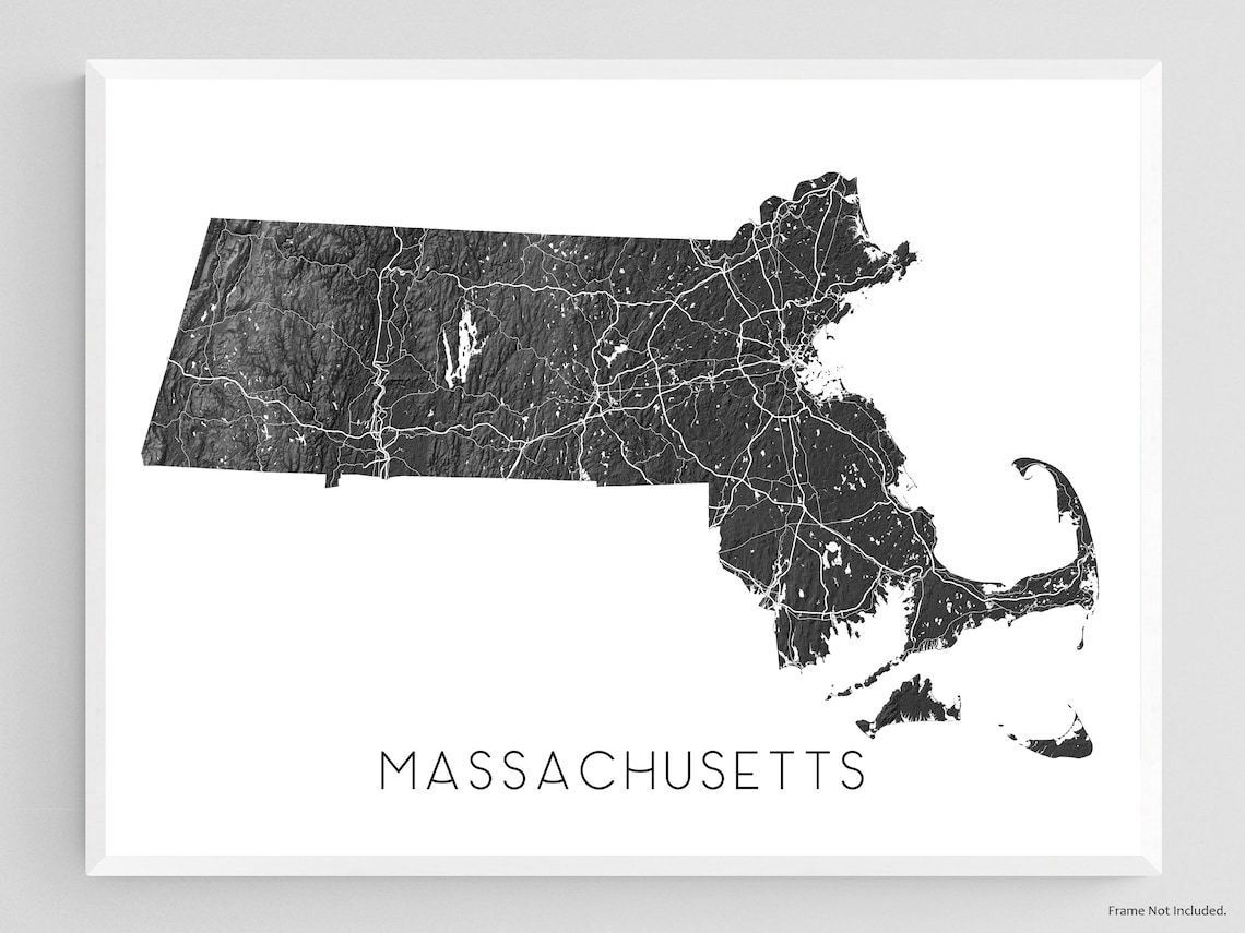 Massachusetts Map of Massachusetts Wall Art Print Black and - Etsy