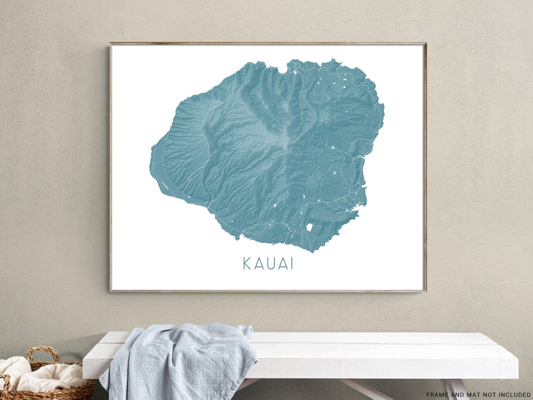 Kauai Island Hawaii Map Wall Art Print Poster, Topographic Terrain Map ...