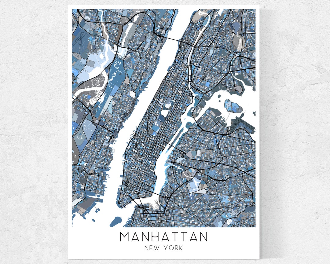 Manhattan Map of Manhattan Print, NYC Wall Art Prints, Denim Blue ...