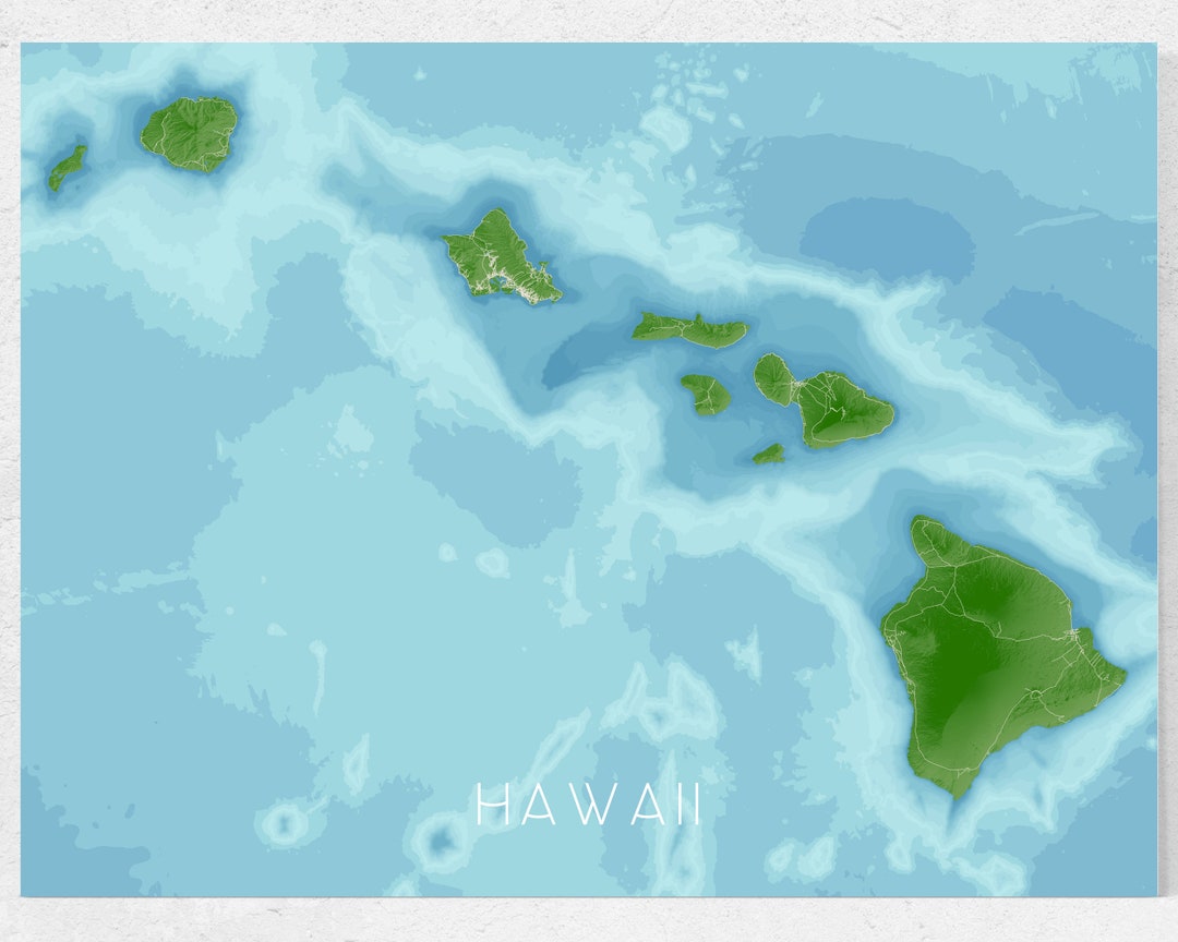 Hawaii Map Art Print Poster With Green 3D Topographic Hawaiian Islands ...