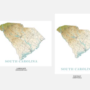 South Carolina Map Art Print Poster, Topographic Landscape Map of South ...