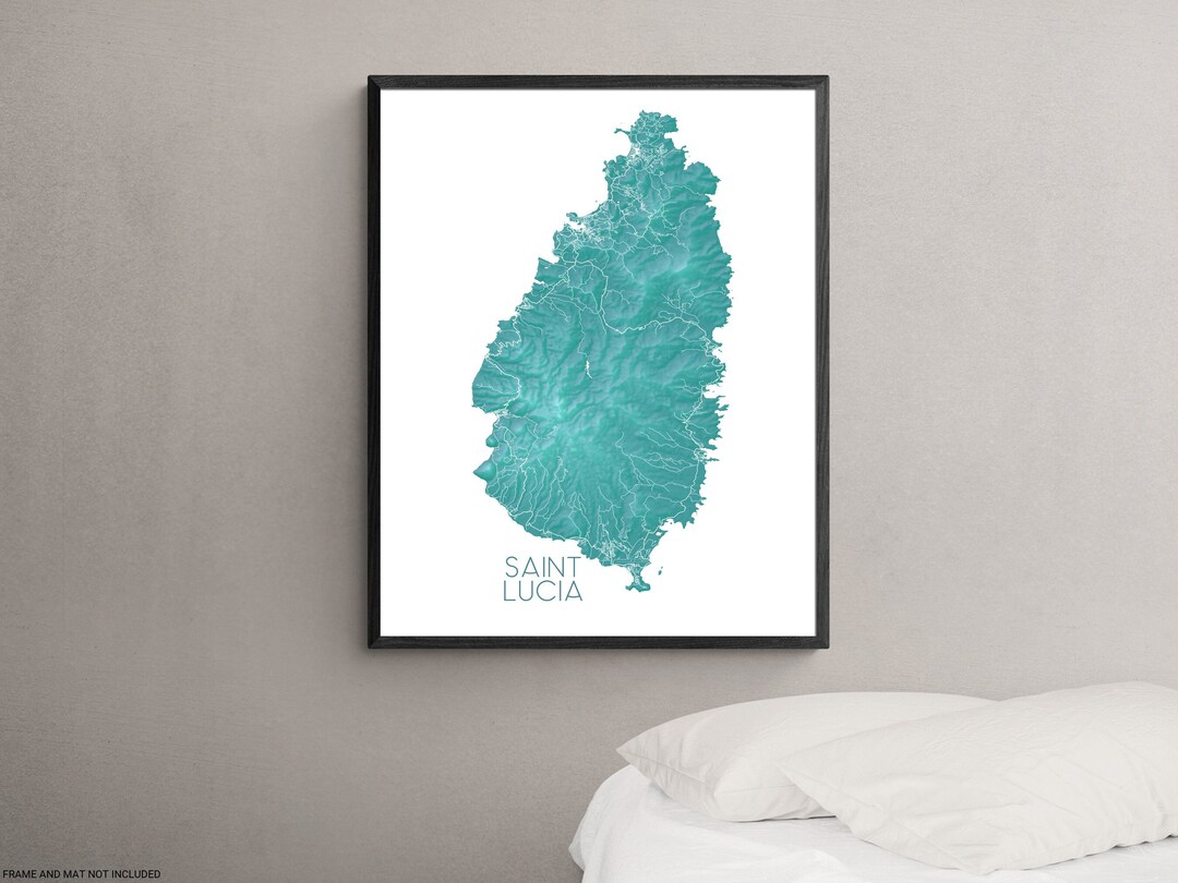 St Lucia Map Wall Art Print Poster, Turquoise 3D Topographic Landscape ...
