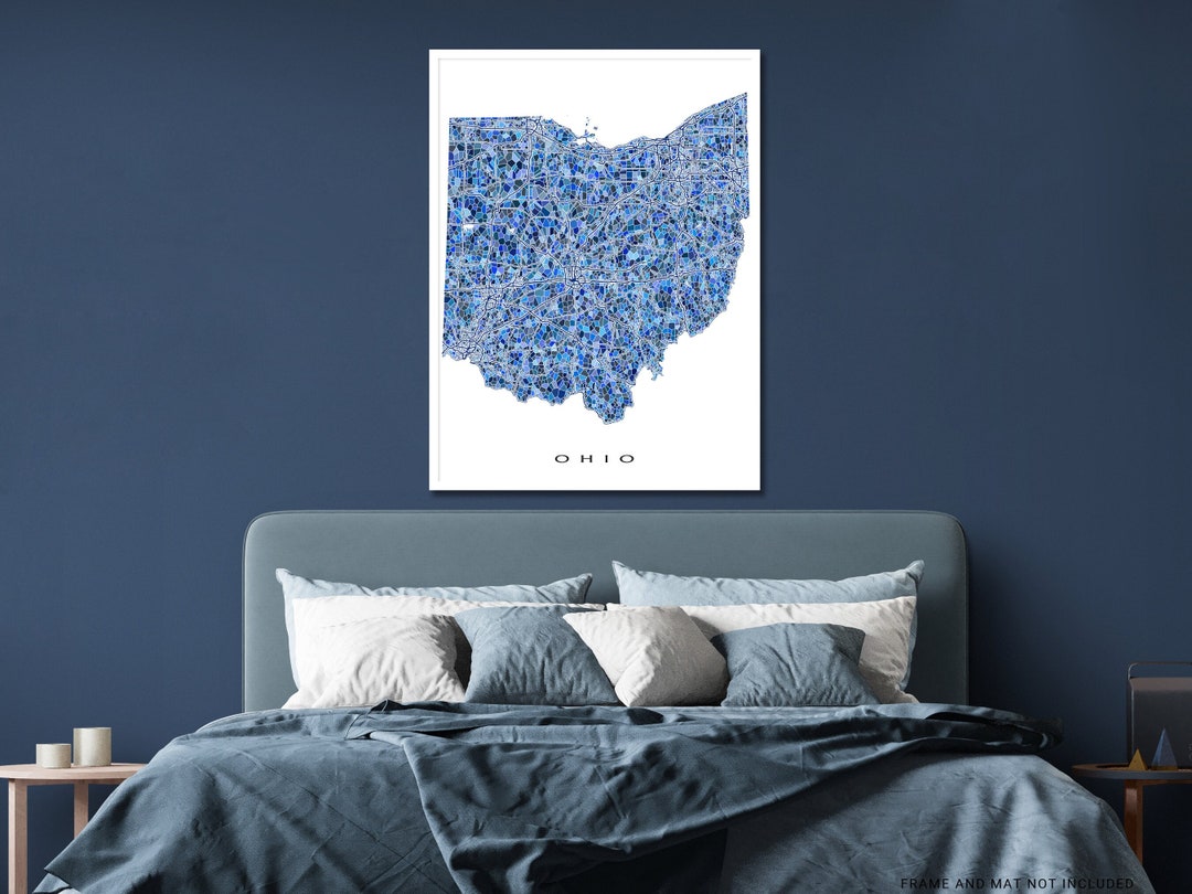 Ohio State Prints and Ohio Map Art Print With Blue Geometric Wall Art ...
