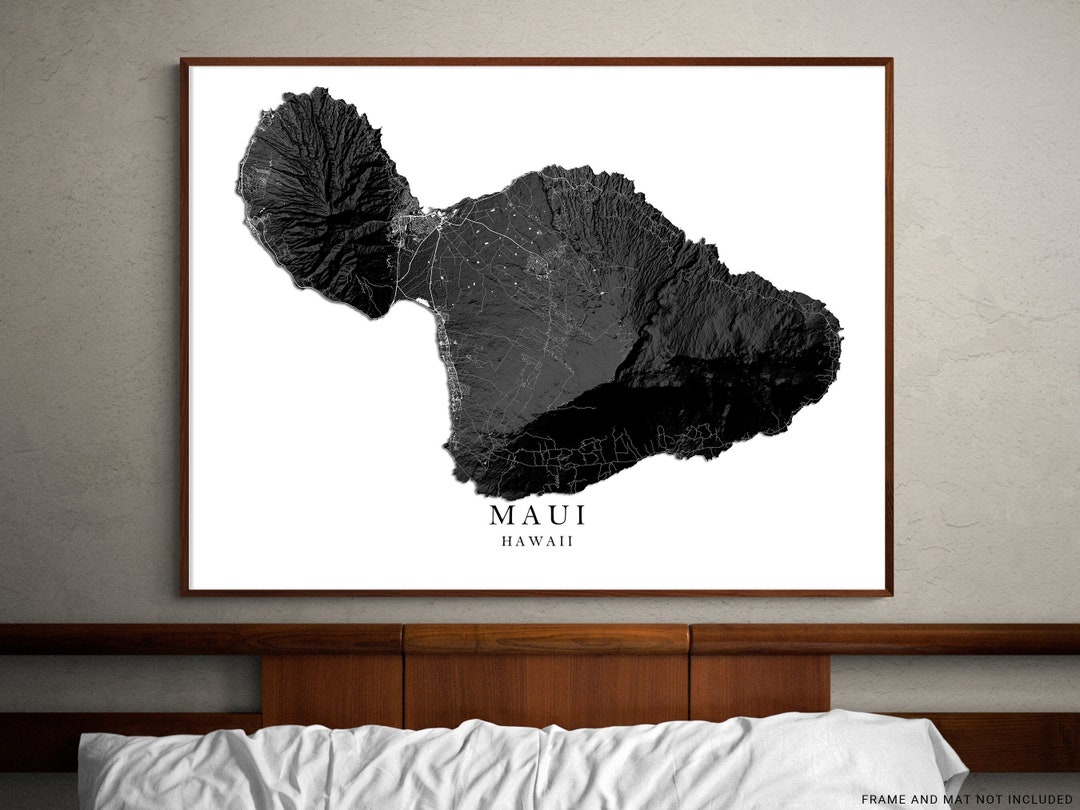 Maui Map Print Poster, Maui Hawaii Island Prints, Black and White ...