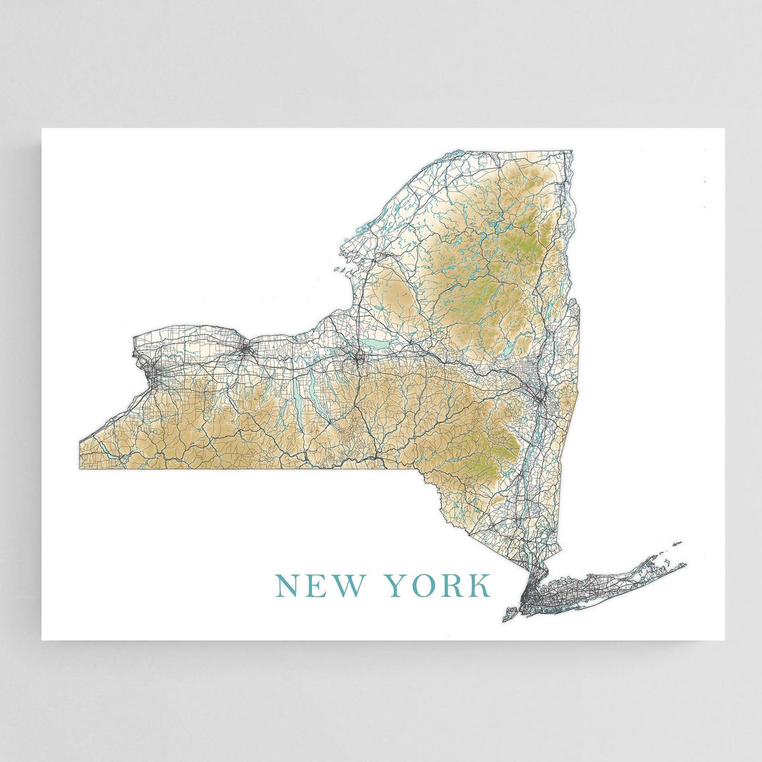 New York Topographic Road Map: NY State Landscape Wall Art Print or ...