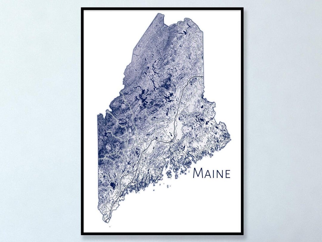Maine Topographic Map With State Roads, ME Wall Art Print Poster ...