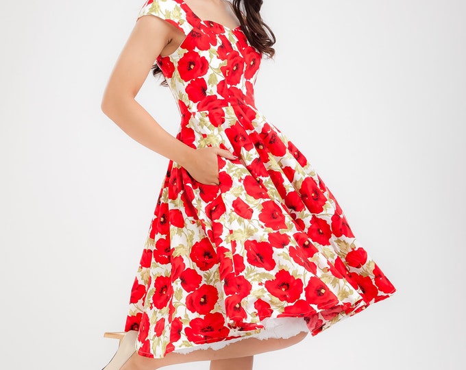 Red Poppy Dress Red Floral Dress Vintage Dress Summer Dress Pin up ...