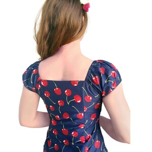 Blue Cherry Top Women Blouse Cherries Print Fruit Pinup Top Vintage Top ...