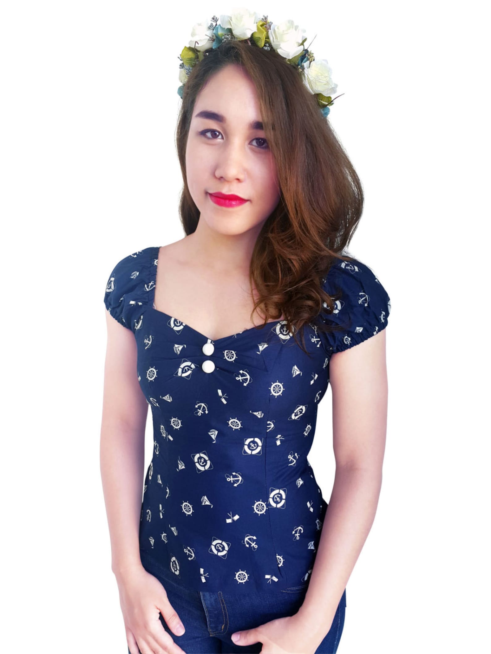 Navy Nautical Top Sailor Top Women Blouse Rockabilly Clothing | Etsy