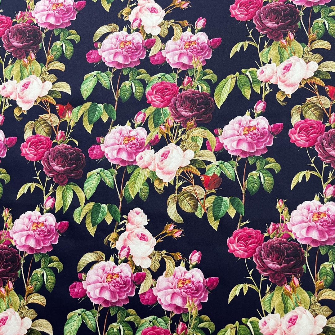 Navy Blue Pink and Purple Rose Fabric 100% Cotton Fabric for CUSTOM ...