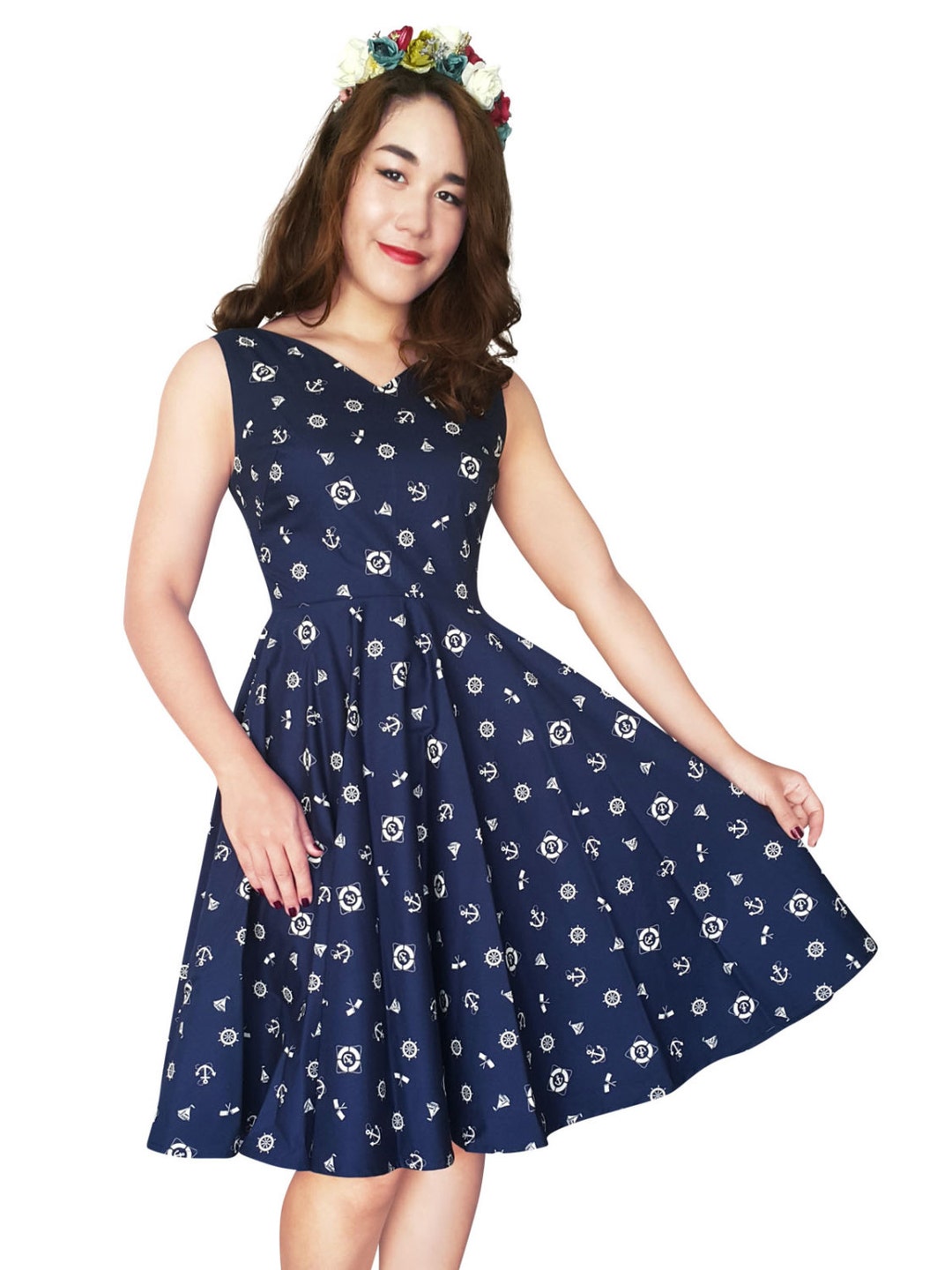 Nautical Dress Sailor Dress Pin up Dress V Neck Navy Anchor Rockabilly ...